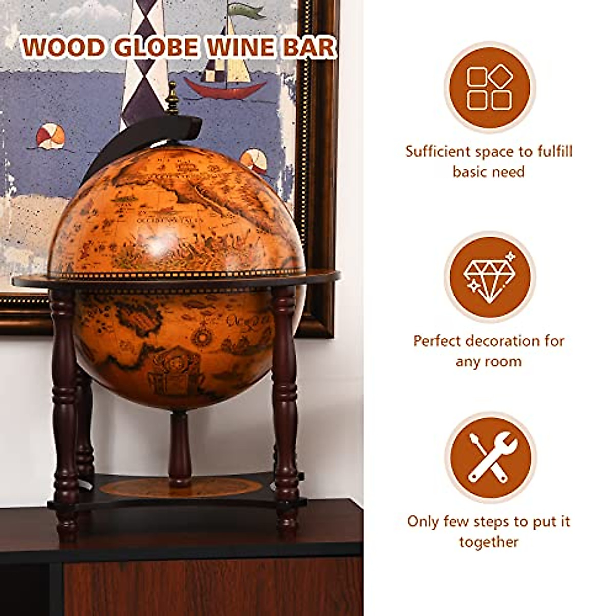 Goplus Tabletop 13” Globe Wine Bar Stand, 16th Century Italian Nautical Chart Liquor Cabinet with Bottom Shelf, Replica Globe Bar Cabinet Wine Rack for Dining Room & Living Room, Retro Brown