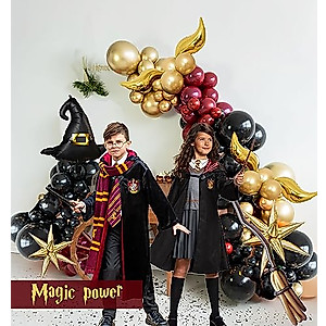 Magic Wizard School Balloon Garland Kit 132pcs Burgundy Black Gold With BONUS Diy Wizard Hat for Magic theme Birthday Decorations Magic Theme Baby Shower