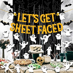 36 PCS Halloween Party Decorations Lets Get Sheet Faced Banner Black Foil Curtains Backdrop Bat Ghost Wall Decor Halloween Haunted House Witches Theme for Kids Boy Girl Halloween Party Supplies