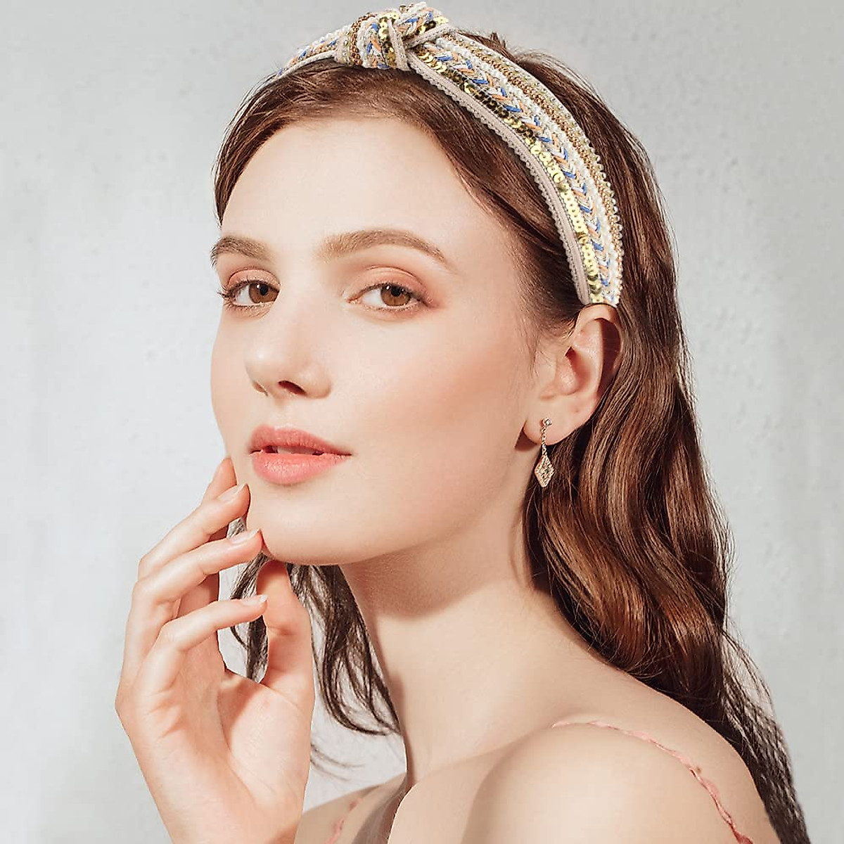 Knotted Headbands for Women, TOBATOBA 3 Pack Rhinestones Pearl Beaded Headbands, Top Knot Boho Headbands, Wide Turban Crystal Pearl Sequin Headbands, Vintage Non Slip Diamond Beaded Bling Hair Band Diademas con Perlas