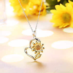 MILACOLATO 925 Sterling Silver Sunflower Necklace 14K Gold Plated You're My Sunshine Sunflower Heart Pendant Necklace with Shiny Cubic Zirconia Sunflower Jewelry for Women Mom Valentines Day