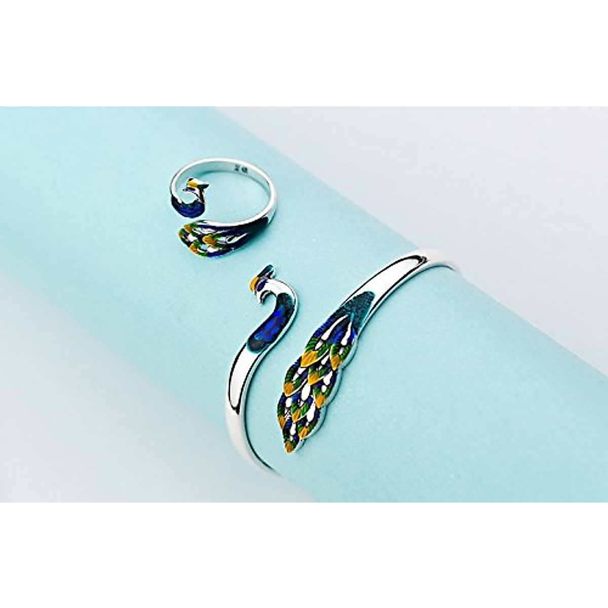 Helen de Lete Coloful Peacock Phoenix Wonder Bird 925 Sterling Silver Open Ring/Bracelet (Bracelet)