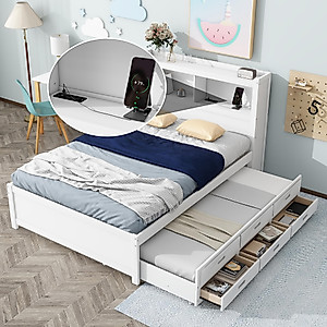 Harper & Bright Designs Full Size Platform Bed with Trundle, Drawers and Bookcase Headboard with USB Plugs, Hardwood Full Size Bed Frame, No Box Spring Needed - White