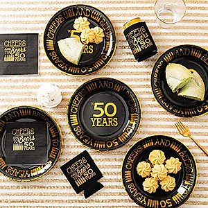 Crisky 50th Birthday Plates Black and Gold 9 inches 50 Pack, for Dessert, Buffet, Cake, Lunch, Dinner Plates for 50th Birthday Decorations Party Supplies, Cheers to 50 Years!