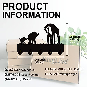 SCITOY Giraffe Key Hooks, Animal Theme Wall Mount Organizer, Wooden Key Holder with 5 Metal Hooks,19 * 29 * 3cm Black Home Decoration for Storage, Living Room, Hallway, Office… (Giraffe and Elephant)