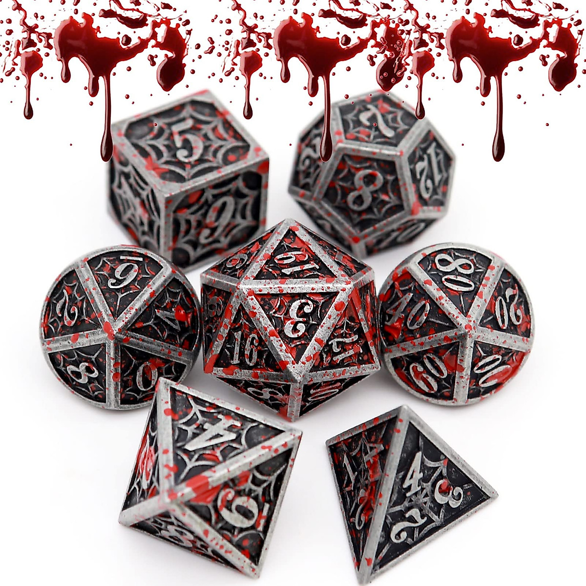 Haxtec Blood Splatter Metal DND Dice Set W/Gift Leather Dice Bag Bloodstained D&D Dice Spider Web Pattern Polyhedral Dice for Dungeons and Dragons TTRPG Games