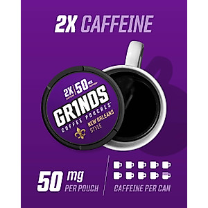 Grinds Coffee Pouches | Tobacco Free, Nicotine Free Healthy Alternative | 3 Cans of New Orleans | Made in the USA | 18 Pouches Per Can | 2x Caffeine 1 Pouch eq. 1/2 Cup of Coffee (New Orleans)
