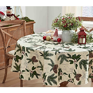 Newbridge Joyful Holly Country Rustic Vinyl Christmas Tablecloth with Flannel Backing, Holly and Berries Winter Holiday Vinyl Flannel Back Tablecloth, 70 Inch Round