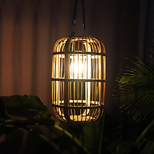 Outdoor Solar Lantern Hanging Light, Natural Rattan Solar Lantern with Handle Waterproof Decoration Table Lamp, Suitable for Patio Garden Decoration Solar Big Light, Edison Bulb, Auto On/Off
