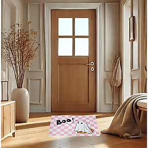 Twelve Studio Halloween Boo Doormat, Cute Spooky Ghost Dog Indoor Outdoor Welcome Mat, Washable Anti-Slip Rug for Entrance Kitchen Bathroom Halloween Decoration, 2’x3' Pink White Checkerboard