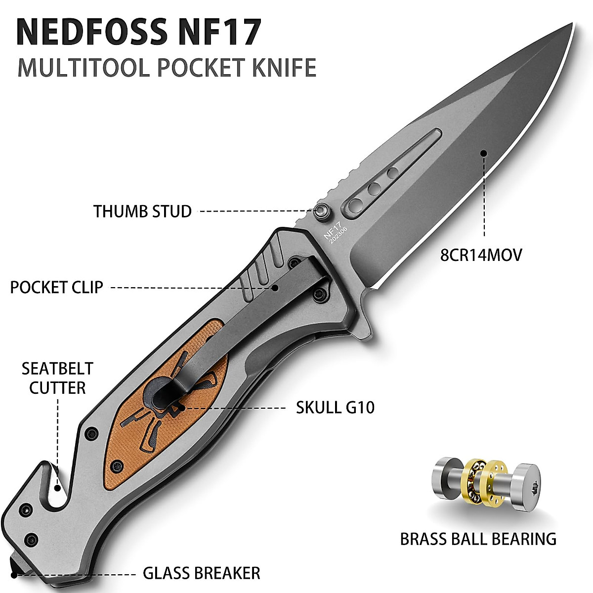 NedFoss Pocket Knife NF17, 3 in 1 3.8" Tactical Knife with Seat Belt Cutter, Glass Breaker, Liner Lock, Belt Clip, Survival Knife Hunting knife for Camping Hiking