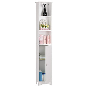 Bonnlo Narrow Cabinet, 67" Tall Slim Bathroom Storage Cabinet 12" Wide White Skinny Linen Cabinet with 3 Open Shelves Single Door Adjustable Shelf Space Saving Corner Pantry