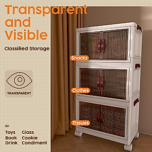 CNDSE 8.6Gal Foldable Double Door Storage Box, Collapsible Plastic Containers with Lids, White Stackable Storage Bins with Lockable Wheels, 3 Tiers