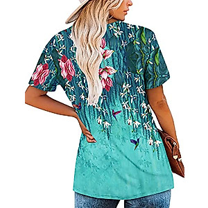 ONLYSHE Summer Floral Plus Size Shirts Blouse for Women Casual Tunic Tops Short Sleeve Ruffle TealWhite XL