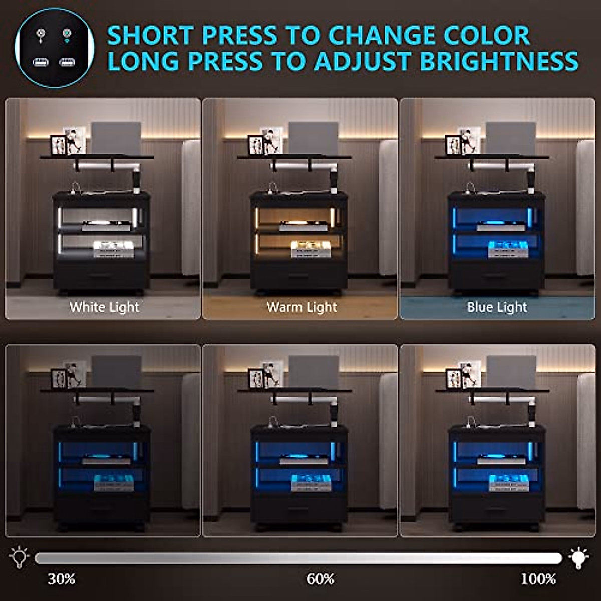 dnbss LED Nightstand with Charging Station & Sockets, Smart Bedside Table, Modern Night Stand for Bedroom, Large Side End Table, 360° Laptop Tray Workstation, Drawer, Open Shelf, Wheel (Black)