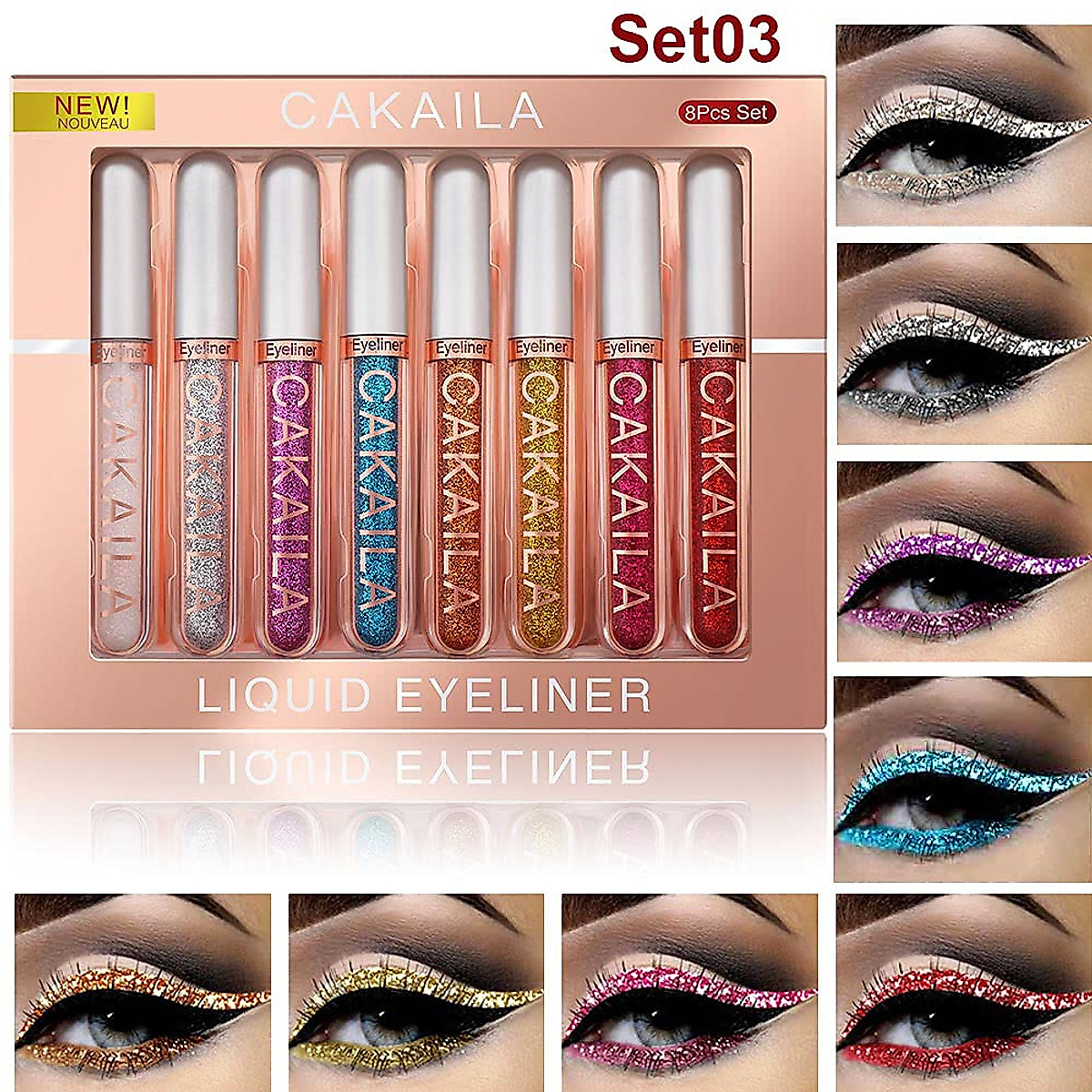 evpct 8 Colors Liquid Glitter Eyeliner Liquid Sets Glitter Eye Liners for Women Liquid White Silver Rose Gold Pink Liquid Sparkly Glitter Eyeliner