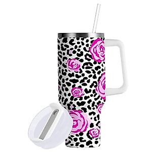 RPLIFE Pink Roses Leopart Print Tumbler Cup, Stainless Steel Coffee Cup, Insulated Cups with Lids, Tumbler for Men