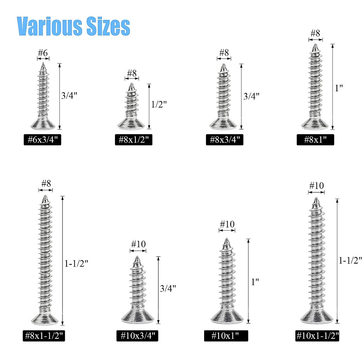 DYWISHKEY 320 Pieces #6#8#10 Stainless Steel 304 Phillips Flat Head Self-Tapping Screws, Wood Screws Assortment Kit