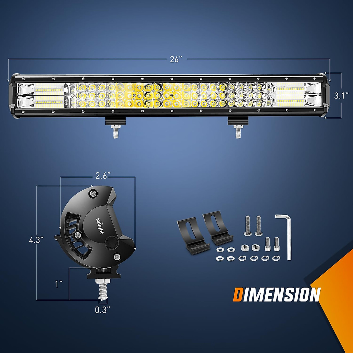 Nilight - 18005C-A 26Inch Triple Row Lights 297W 29700LM Flood Spot Combo Beam Bar Driving Boat Super Bright Led Off Road Trucks,2 Years Warranty