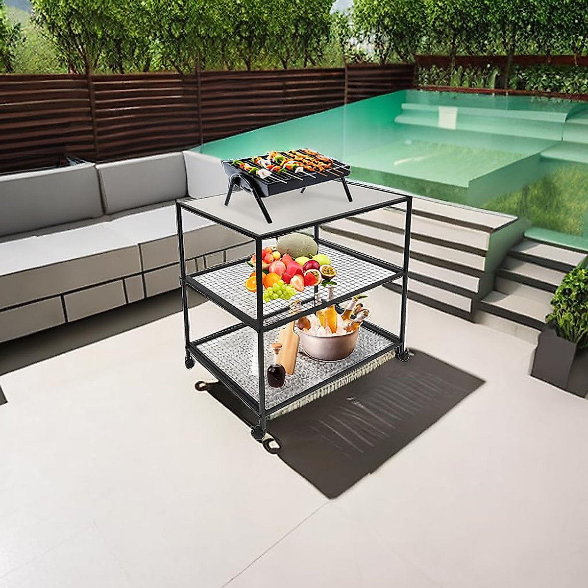 Outdoor Grill Dining Cart 3-Shelf Movable Dining Cart Adjustable Prep Cart Table Stand Storage Rack Shelves Kitchen Heavy Duty Grill Cart for Camping Lawn