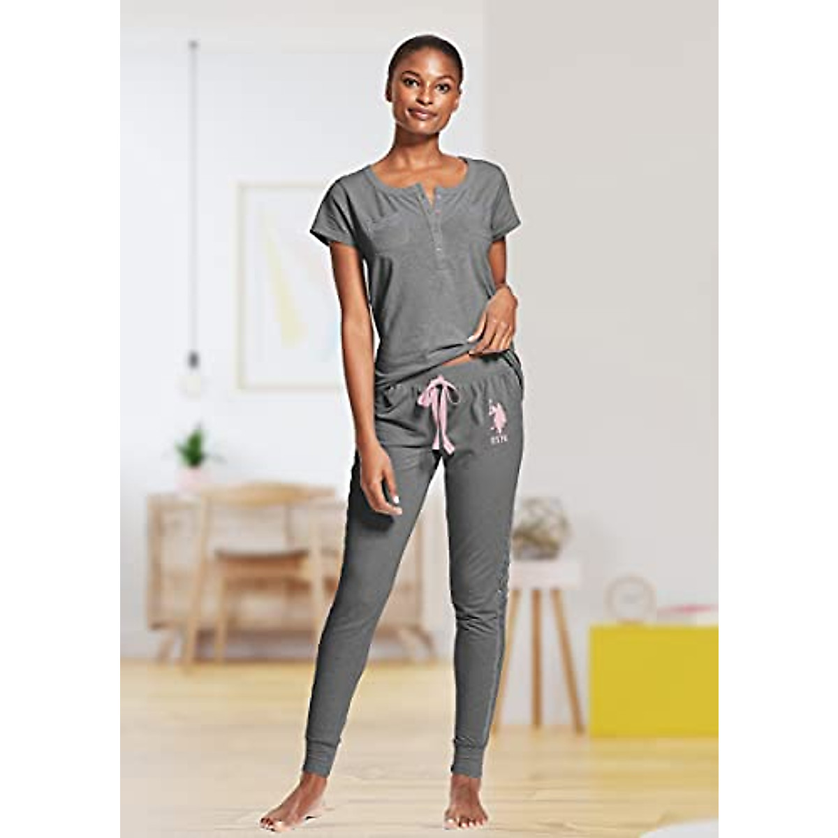 U.S. Polo Assn. Womens Pajama Set - Short Sleeve PJs with Joggers - Sleepwear Set Ideal for Lounging (Charcoal Heather Sky, 2X)