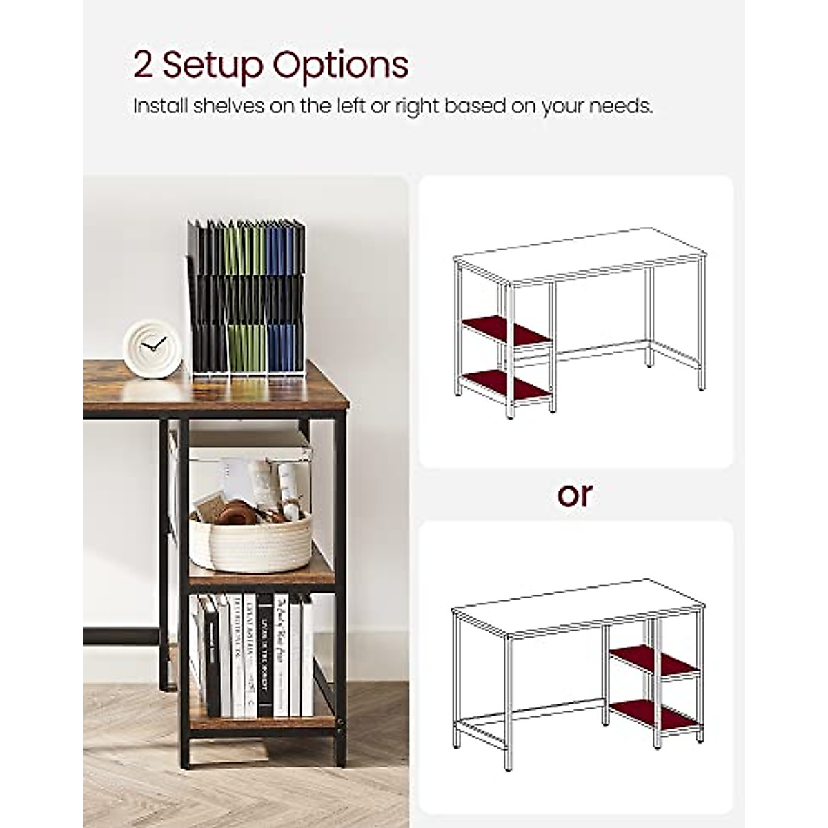 VASAGLE ALINRU Computer Desk, 55.1-Inch Wide Home Office Desk for Study, Writing Desk with 2 Shelves on Left or Right, Steel Frame, Industrial, Rustic Brown and Black ULWD55X