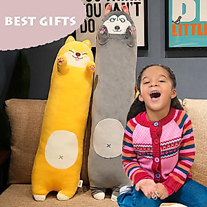 ELAINREN Ultra-Soft Long Husky Dog Plush Pillow Cute Anime Siberian Husky Stuffed Toy Kawaii Long Husky Plushie Sleeping Pillow/35.4''