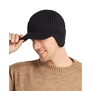 Koreshion Men's Winter Visor Beanie Hat with Earflaps Knit Baseball Cap with Brim Ski Hat Warm Fleece Lined Hunting Hat Black