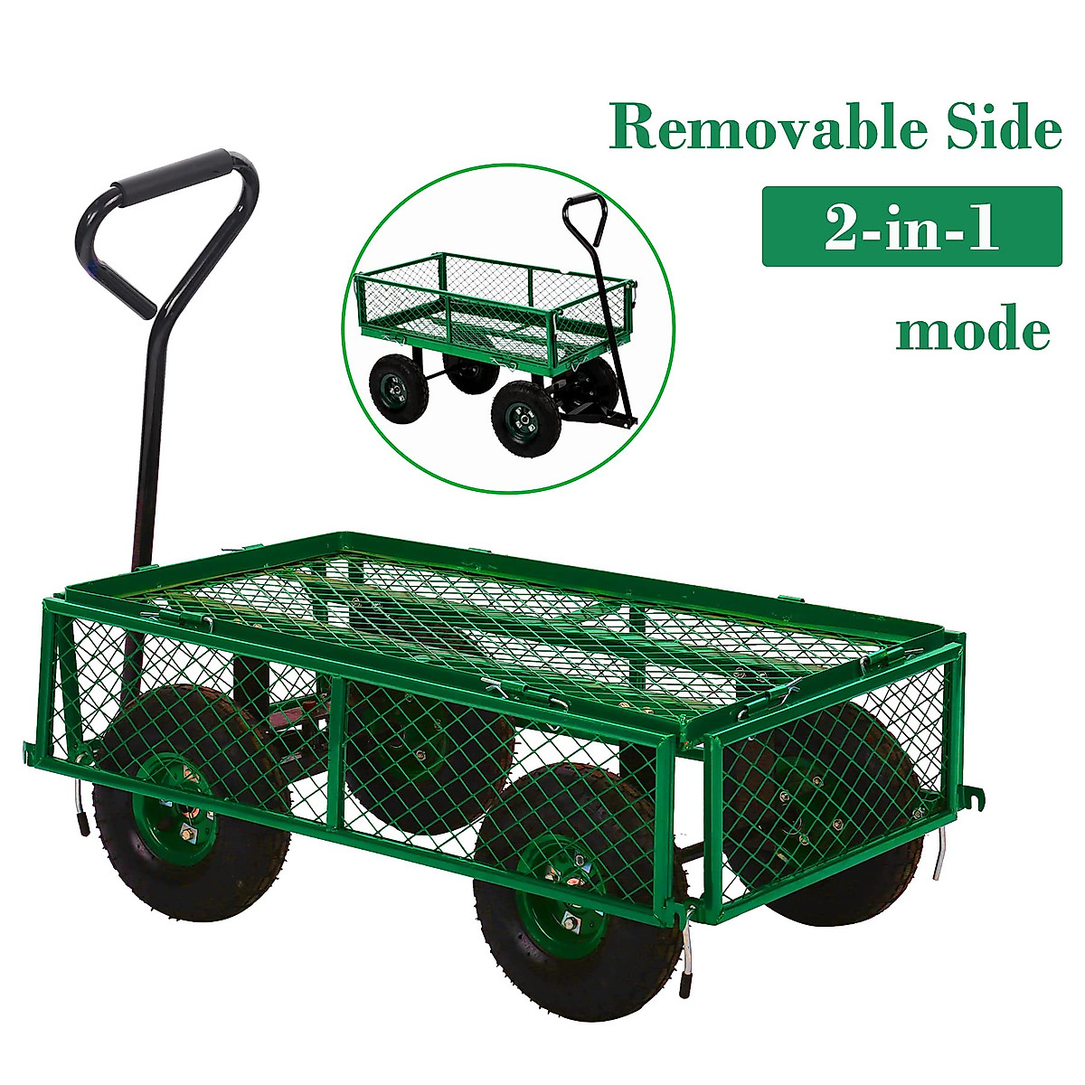 Hudada Garden Cart Heavy Duty Steel Utility Cart Yard Dump Wagon Cart Lawn Outdoor Utility Cart with Removable Sides and 10 Inch Wheels, Green