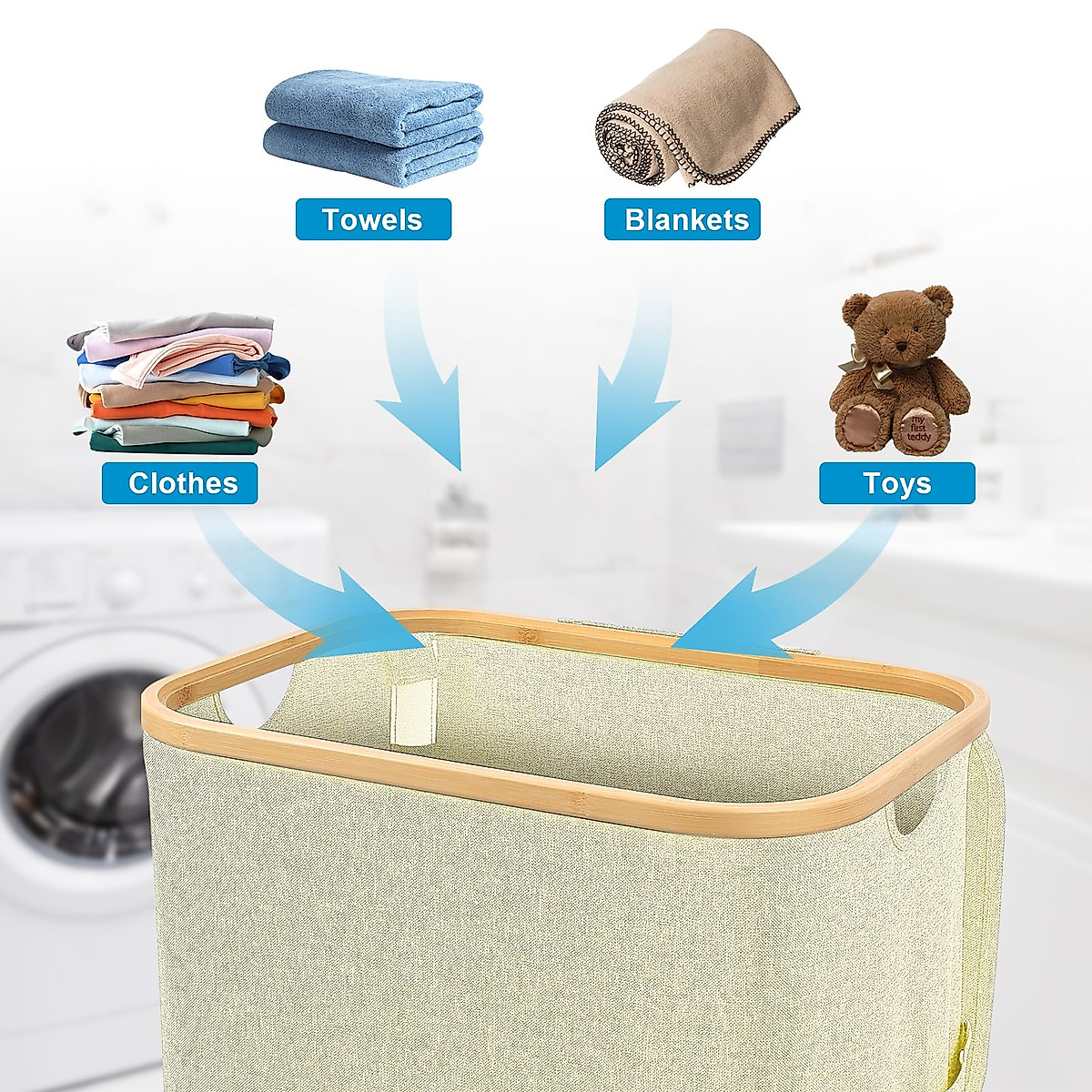 Laundry Basket, Zekeson 100L Collapsible Laundry Hamper with Removable Inner Bag for Clothes and Toys Storage in Bedroom Bathroom Children's Room (Beige)