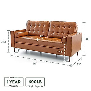 Edenbrook Lynnwood Upholstered Sofa - Couches for Living Room - Camel Faux Leather Couch - Small Couch - Living Room Furniture - Includes Bolster Pillows