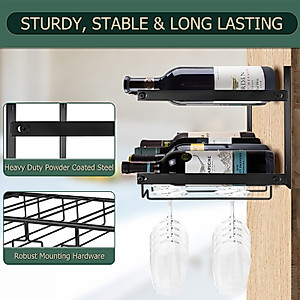 Wine Rack Wall Mounted, Wall Wine Rack with Wine Glasses Rack Horizontal Wine Storage Floating Rack Holds 8 Stemware & 8 Wine Bottles, Sturdy Wall Wine Holder for Kitchen Dining Room Bar Decoration