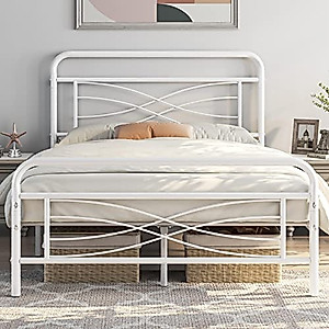 Yaheetech Full Bed Frames Metal Platform Bed Mattress Foundation with Criss-Cross Design Headboard, Ample Underbed Storage Space, Heavy Duty Slat Support, No Box Spring Needed, Full Size White