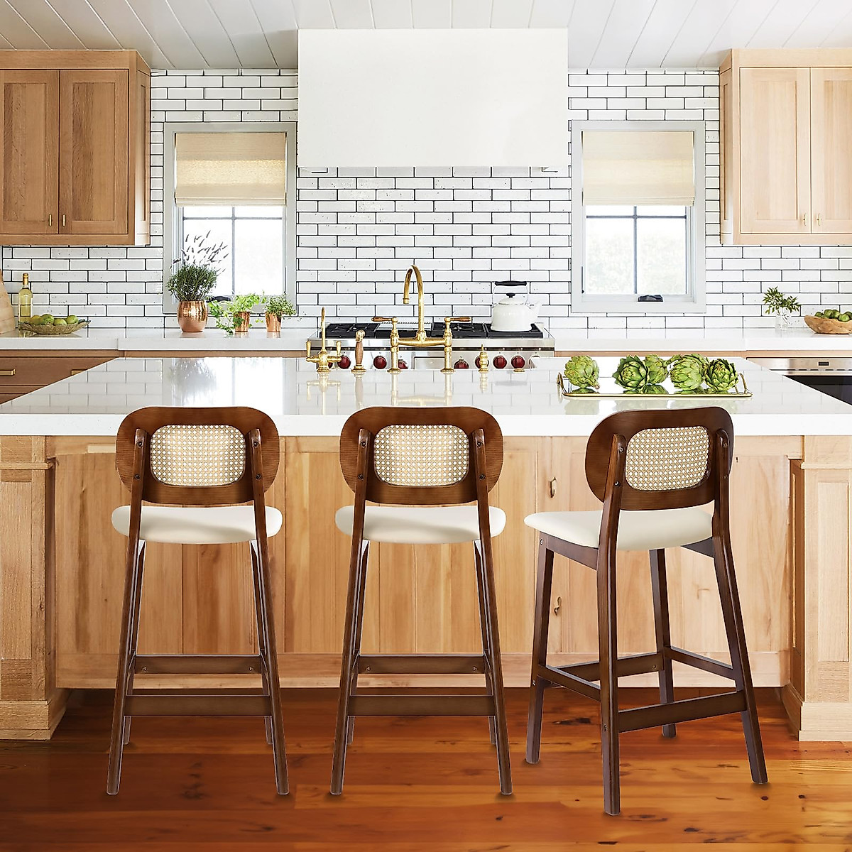 Counter Height Bar Stools Set of 3 Rattan Barstools with Back and Wood Frame, PU Leather Upholstered Bar Chairs, Mid Century Modern Farmhouse Counter Stool for Kitchen Island/Home Bar, Cream White