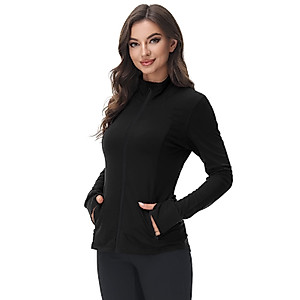 COZZIPLUS Women Zip up Athletic Running Jacket Lightweight Workout Yoga Top with Thumb Holes and Pocket (Black, M)