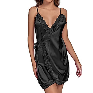 LYANER Women's Satin Lace Trim Babydoll Spaghetti Strap Wrap Tie Chemise Sleepwear Mini Dress Black Small