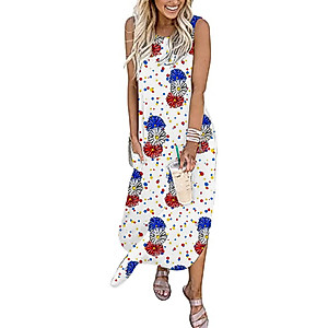 Dresses for Women Plus Size Women Casual Printing Loose Sundress Long Dress Crisscross Sleeveless Split Maxi Dress White