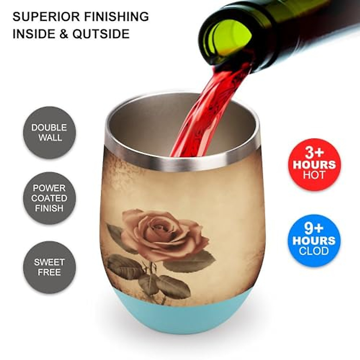 WYUSPGK 304 Stainless Steel Insulated Cup, Vintage Rose Print Smooth Rim, Durable & Reusable - Perfect for Office, Home, And Travel