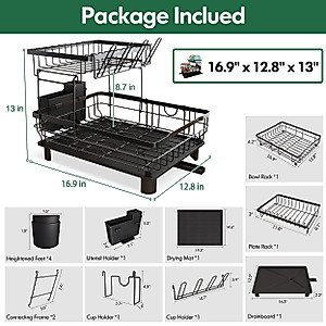 Qienrrae Dish Drying Rack for Kitchen Counter, 2 Tier Dish Racks with Drainboard Set, Detachable Large Dish Drainer with Utensils Holder, Large Dish Strainers with Extra Drying Mat, Black
