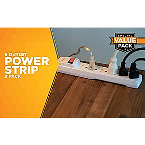 Woods 41435 Power Strip with 6 Outlets, 2.5’ Cord and Durable White Housing, 2 pack, 2-Pack