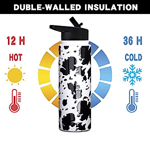 Boelia Cow Print Water Bottles Insulated Stainless Steel Water Bottle,4 lids Water Bottle with Straw Vacuum Insulated Keep Hot and Cold BPA Free 24 oz for Workout，Travel，Sports, Camping