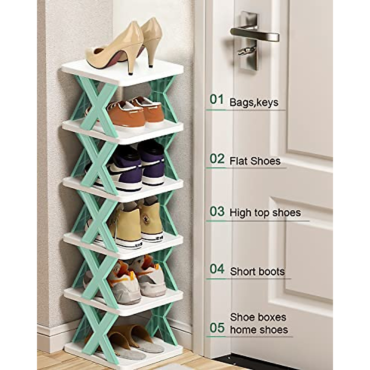 6 Tier Narrow Shoe Rack, Small Vertical Shoe Stand, Space Saving DIY Free Standing Shoes Storage Organizer for Entryway, Closet, Hallway, Easy Assembly and Stable in Structure, White and Green