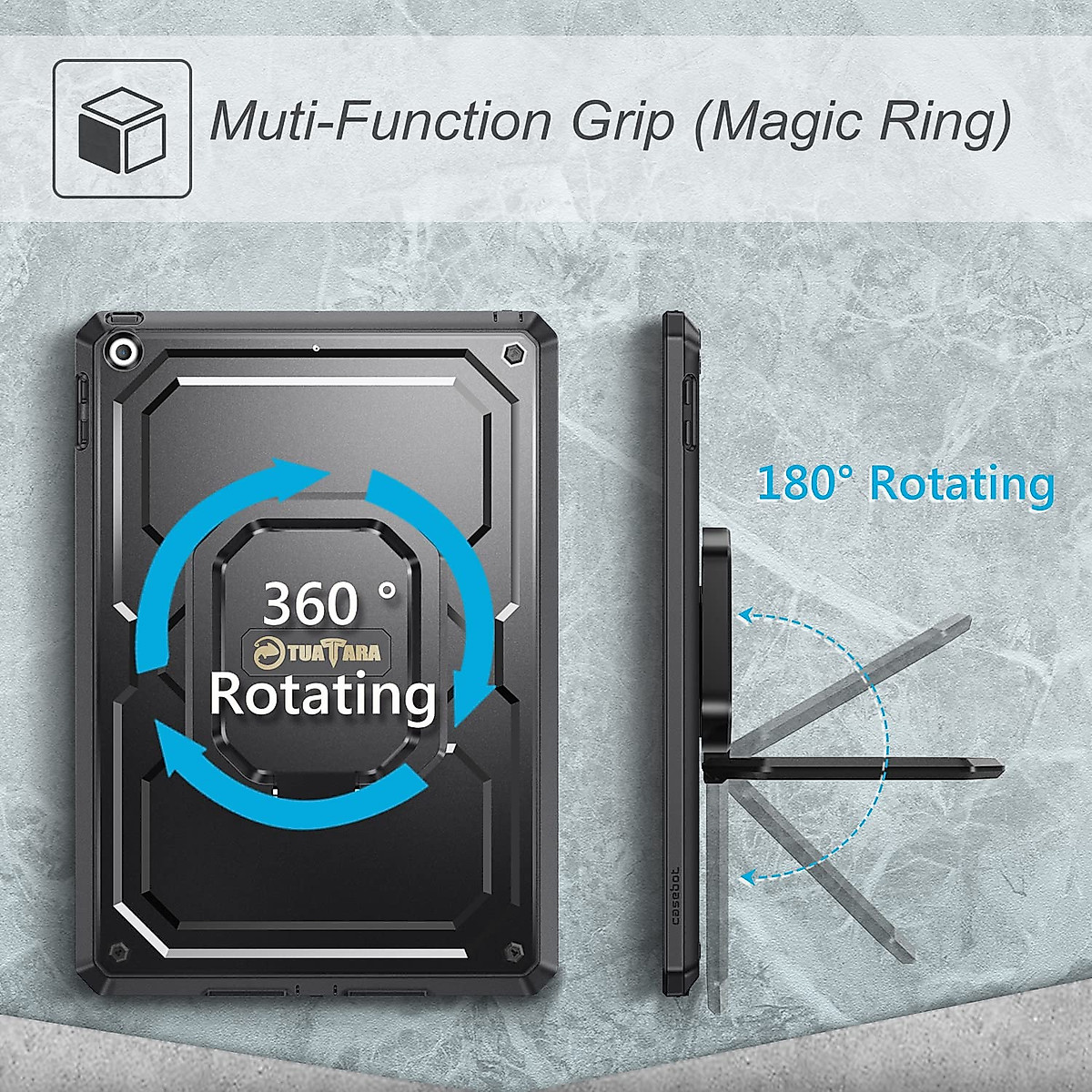 Fintie Case for iPad 9th / 8th / 7th Generation (2021/2020/2019) 10.2 Inch - [Tuatara Magic Ring] 360 Degree Rotating Grip Stand Shockproof Fully-Body Rugged Cover with Screen Protector, Black