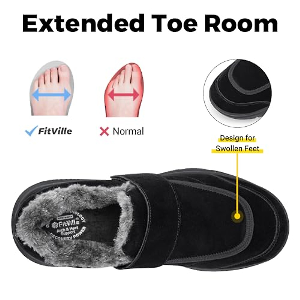 FitVille Wide Width Mens Slippers Non Slip Plush House Shoes with Adjustable Strap Indoor & Outdoor Winter Slippers with Arch Support for Foot Pain Relief