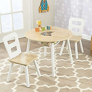 KidKraft Wooden Round Table & 2 Chair Set with Center Mesh Storage - Natural & White, Gift for Ages 3-6 23.5 x 23.5 x 17.3
