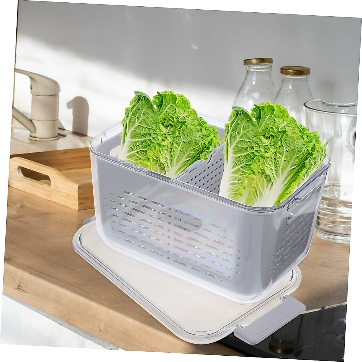 UPKOCH Drained Vegetable Basket Glass Container with Lid Fruit Containers with Lids Glass Fruit Vegetable Strainer Container Fruit Washing Basket Food Storage Bin Produce Keeper Pp Grey