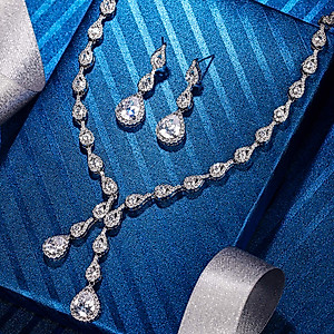 EleQueen Women's Cubic Zirconia Marquise-Shape Teardrop Wedding Bridal Necklace Earrings Jewerly Sets