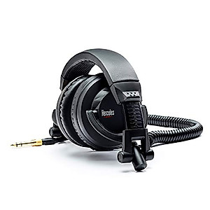 Hercules HDP DJ45: Closed-back headphones for DJs. Foldable, with pivoting earpieces and a 6.6-foot/2-meter cable