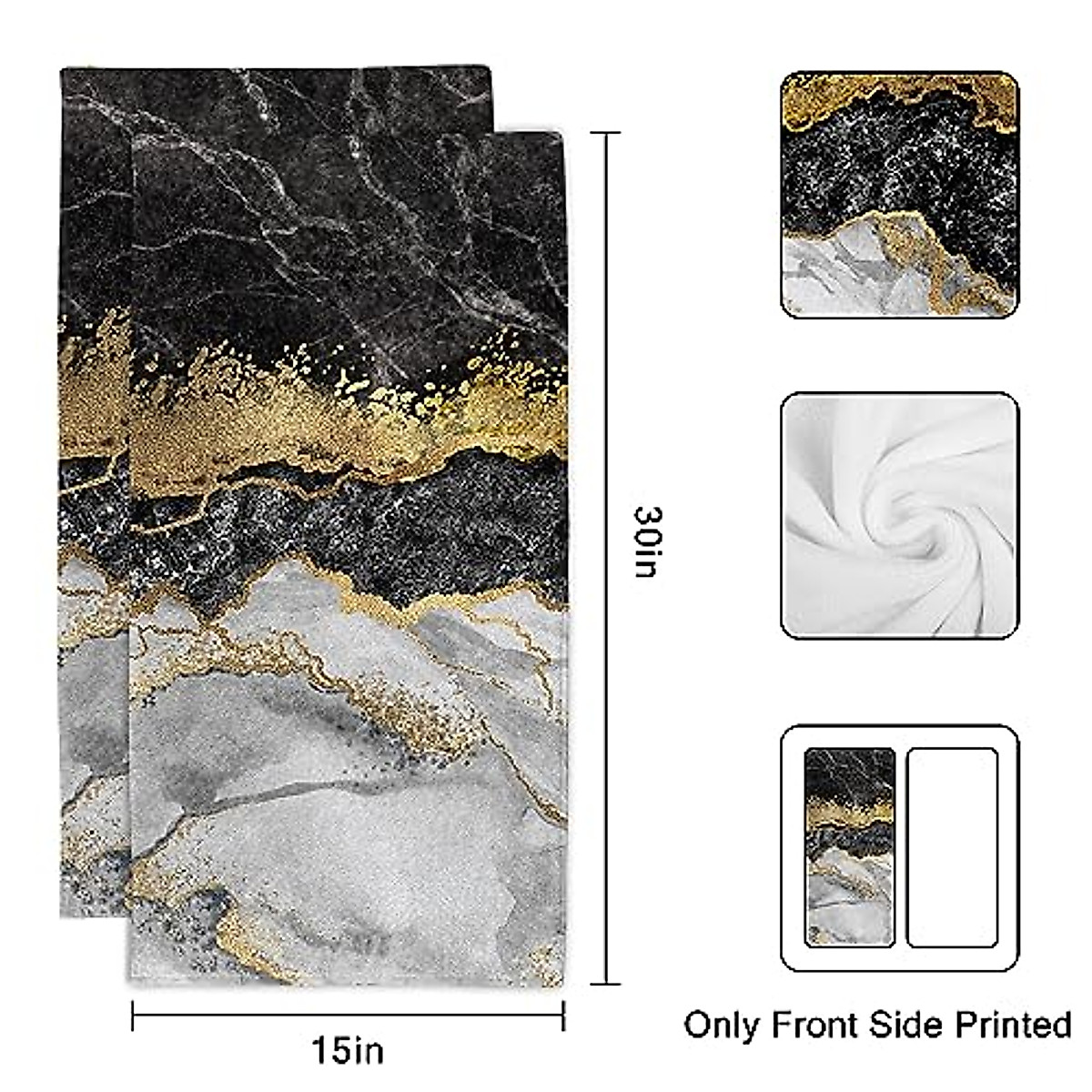 Fuliko Hand Towels for Bathroom, Soft Absorbent Black Gold Marble Towel Set 30x15, Washcloths Face Towels Perfect for Daily Use Home Kitchen Bathroom Decor (Black Gold Marble)