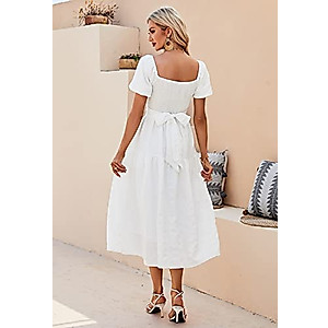 ANNA&CHRIS Womens Summer Puff Sleeve Midi Dress A Line V Neck High Waist Tie Back Smocked Tiered Boho Wrap Dresses White L
